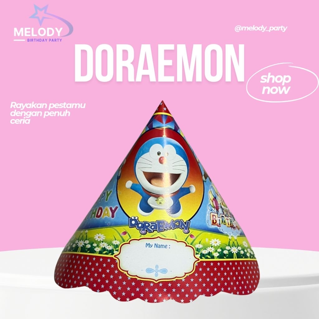 Jual Topi kerucut ulang tahun motif doraemon / Topi koboy ultah (isi 10 ...