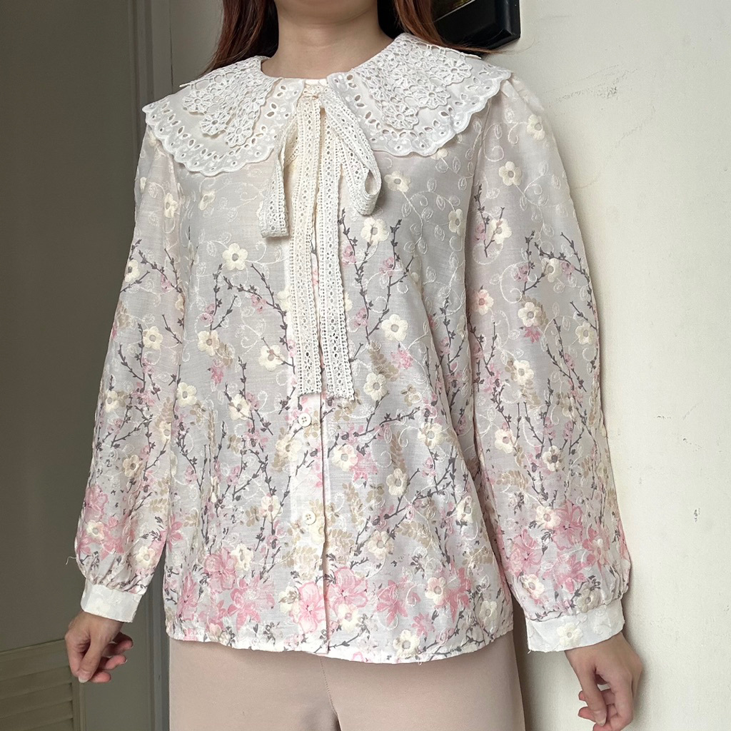 Jual Mimi BKK Top atasan kemeja blouse wanita katun bordir motif renda pita korean style by biel ...