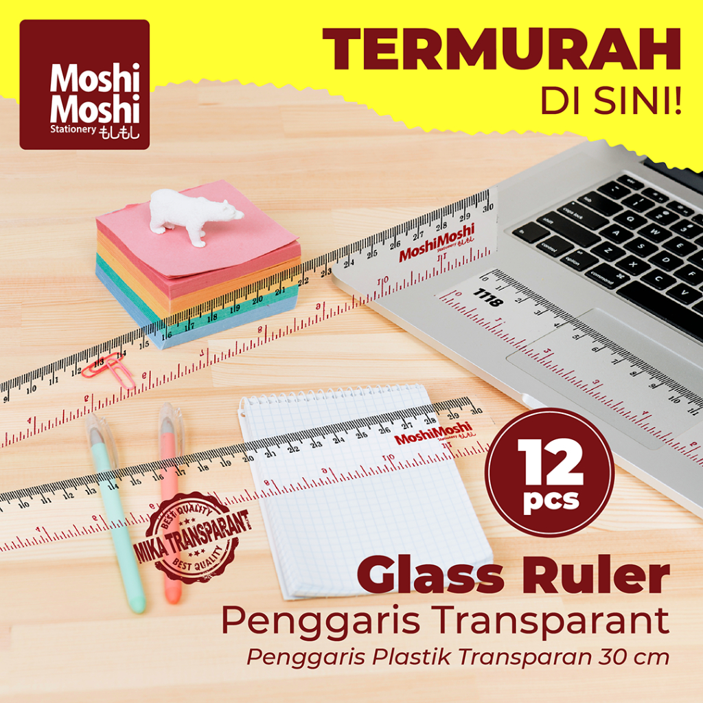 Jual 12 PCS Penggaris Plastik Moshi Glass Ruler 30 cm Mika Transparant ...