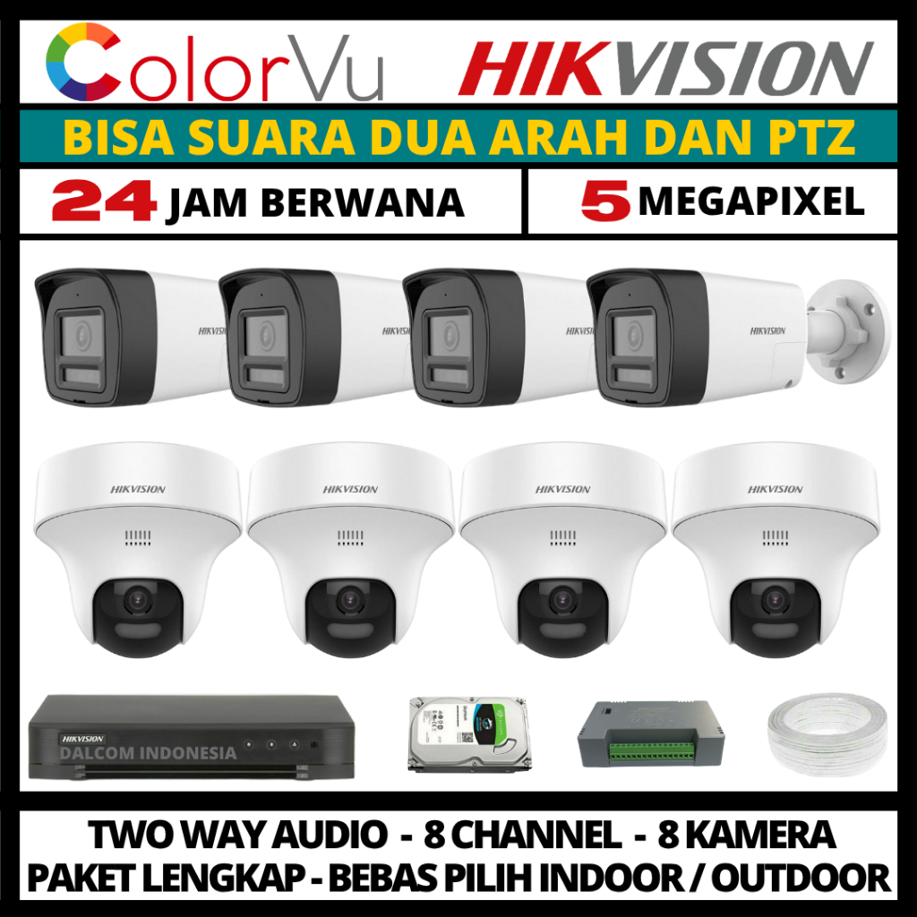 Jual PAKET CCTV HIKVISION COLORVU 5MP 8 CHANNEL 8 CAMERA PTZ TWO WAY ...