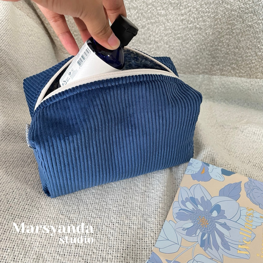 Jual Blue Corduroy Pouch by marsyanda.studio | pouch make up| pouch serbaguna | Shopee Indonesia