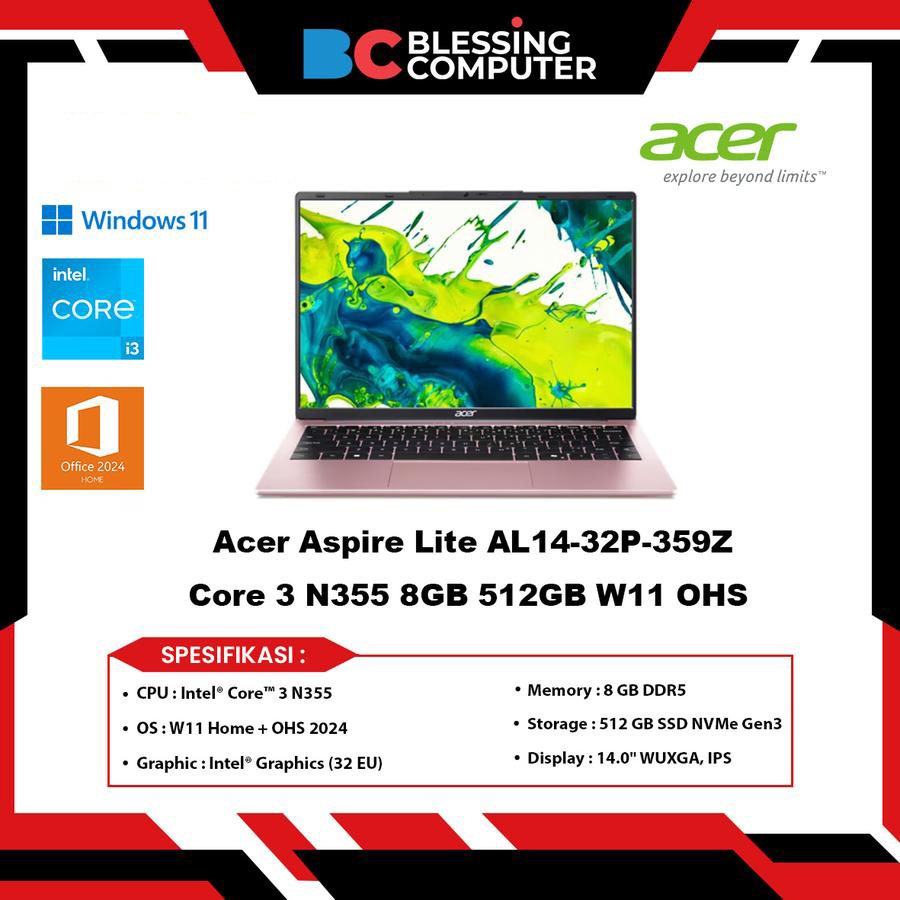 Jual Acer Aspire Lite AL14 32P 359Z Core 3 N355 8GB 512GB W11 OHS Nude Pink | Shopee Indonesia