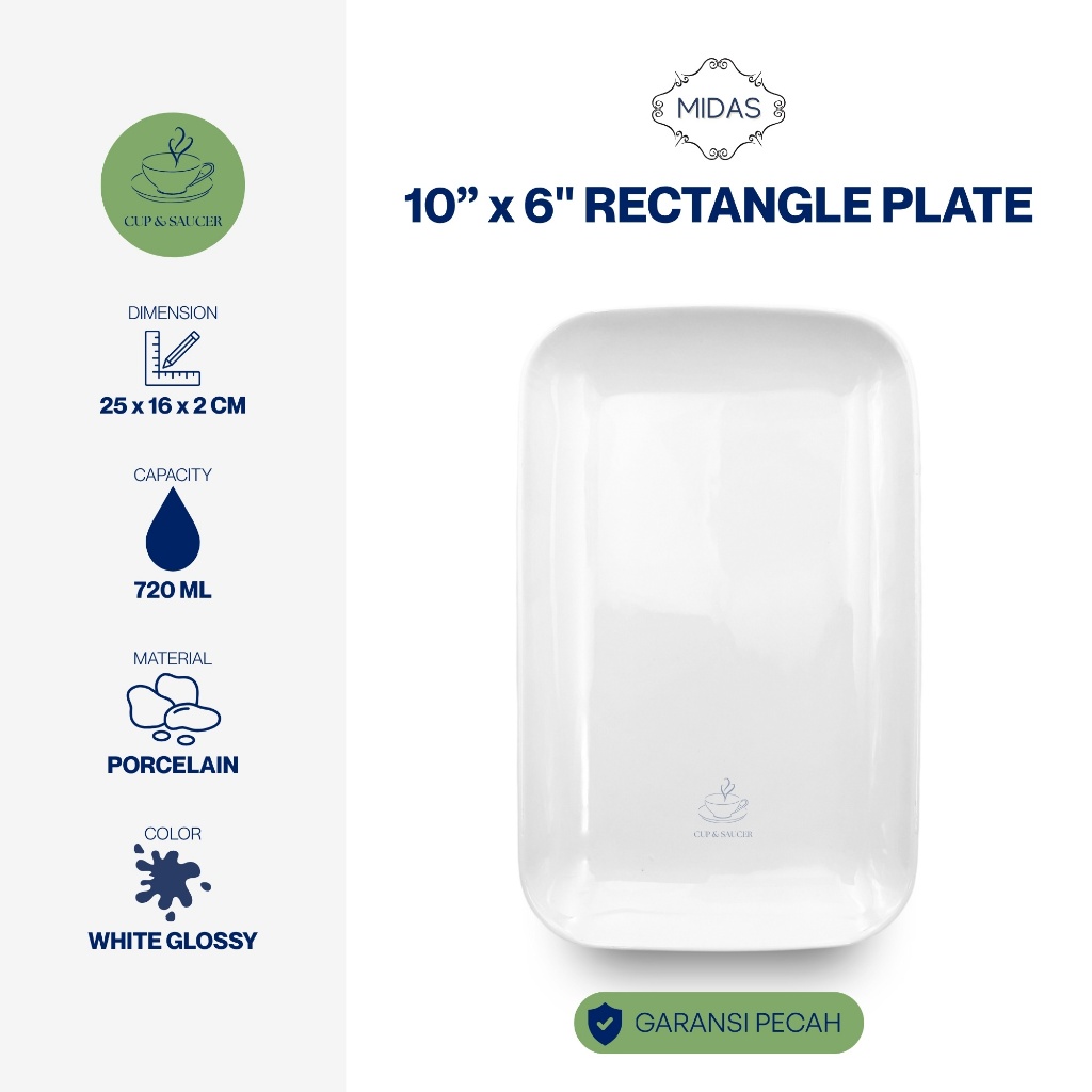 Jual Midas Piring Persegi Panjang Porselen Ukuran 10” x 6” Inch / 25 x ...