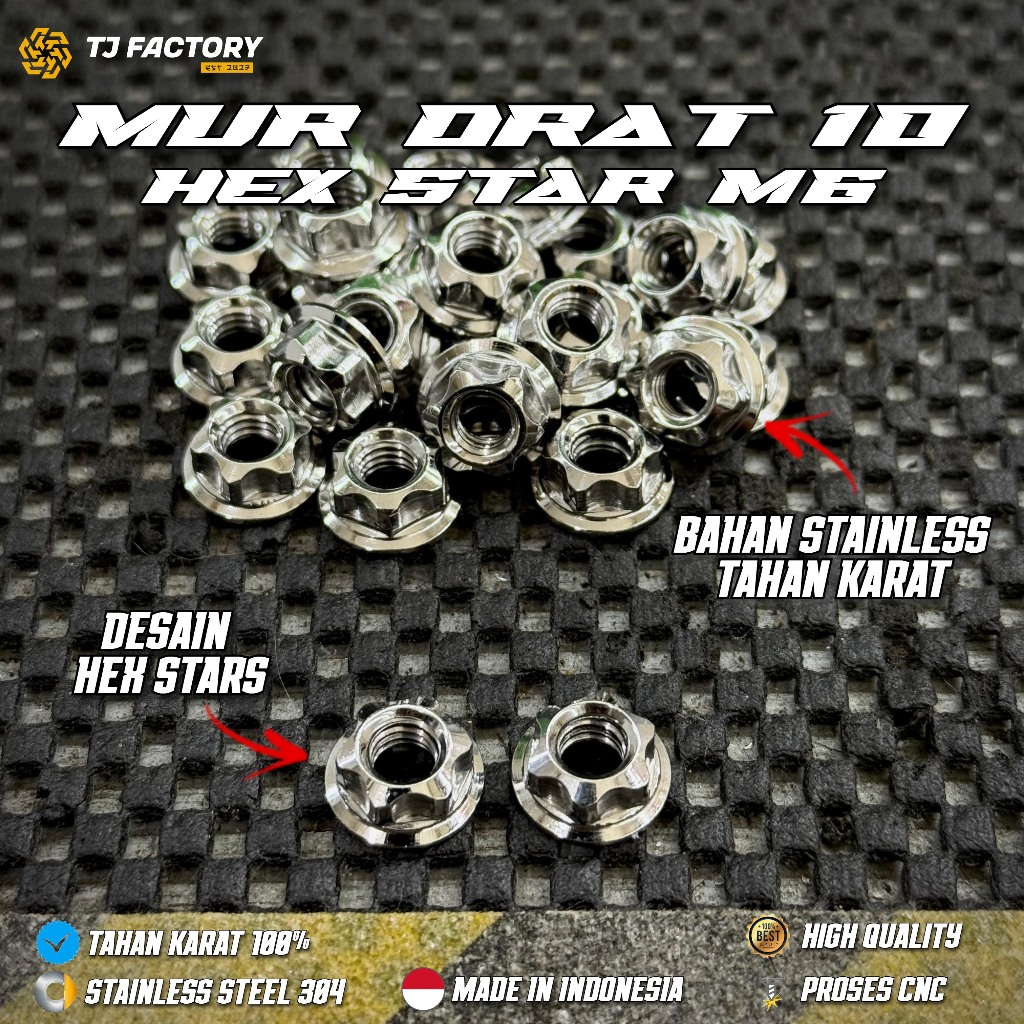 Jual Mur Drat 10 Stainless CNC Mur M6 tipe HEX STARS by TJ Factory ...