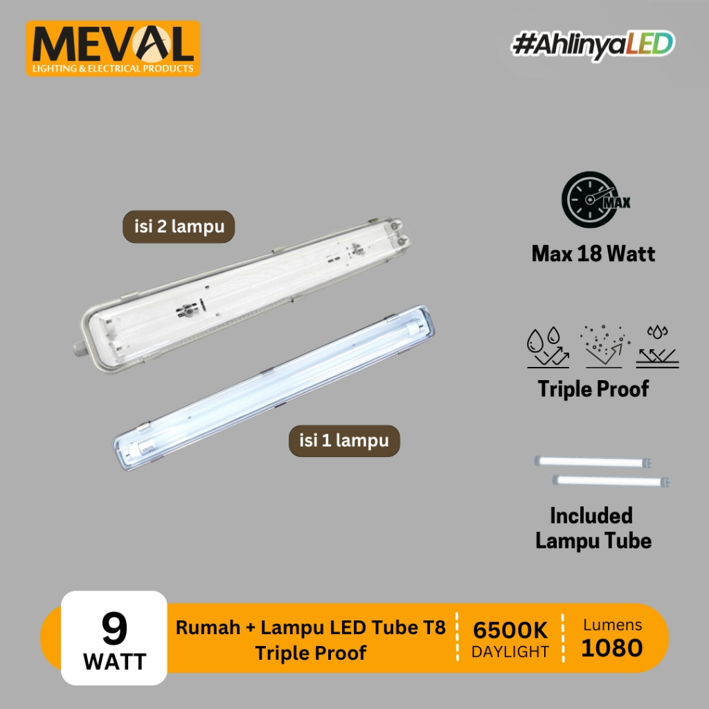 Jual MEVAL Rumah Lampu plafon + Lampu LED Tube T8 - Tahan Air, Debu dan ...