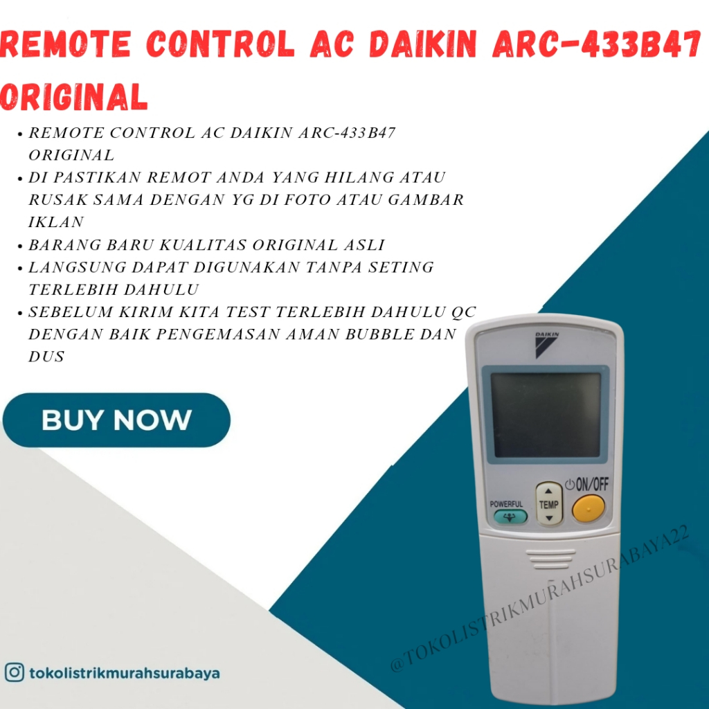 Jual Remote Control AC DAIKIN ARC-433B47 Original 1PK 2PK 1/2 PK ...