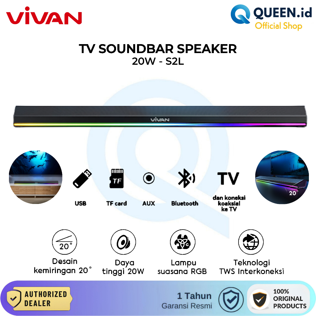 Jual VIVAN S2L Wireless Bluetooth Speaker TV Soundbar RGB LED interkoneksi TWS 20W Support USB ...