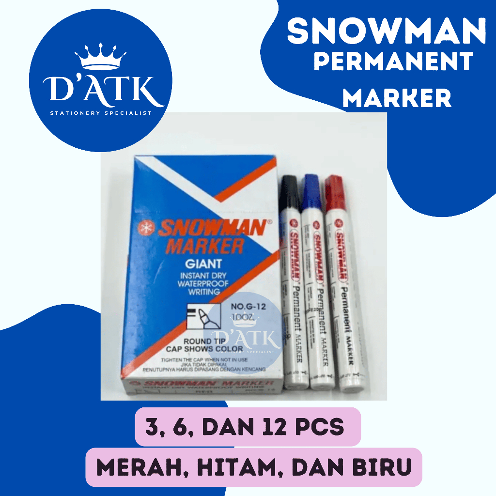 Jual SNOWMAN - Spidol Permanent Marker G-12 (12 PCS) Hitam, Biru, dan ...