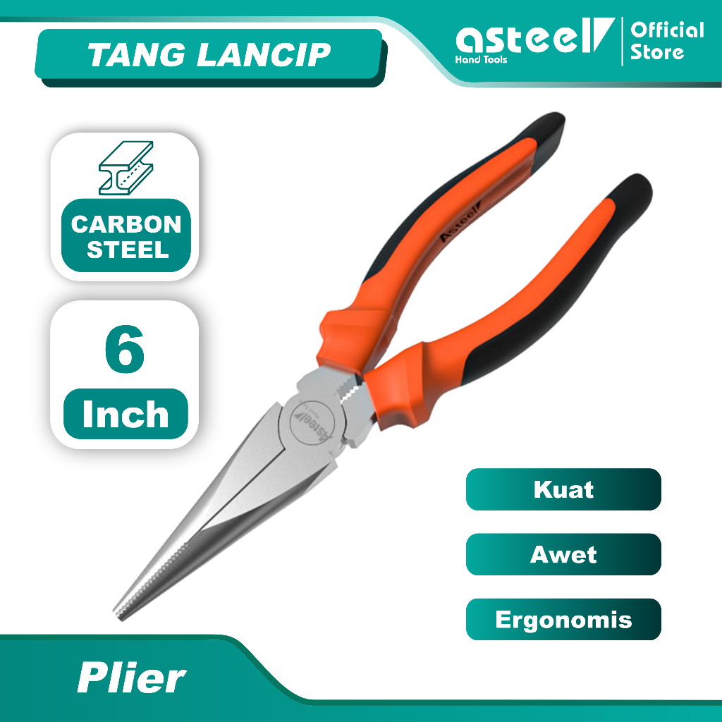 Jual ASTEEL Tang Lancip jepit potong cucut Long nose pliers 6 inch ...