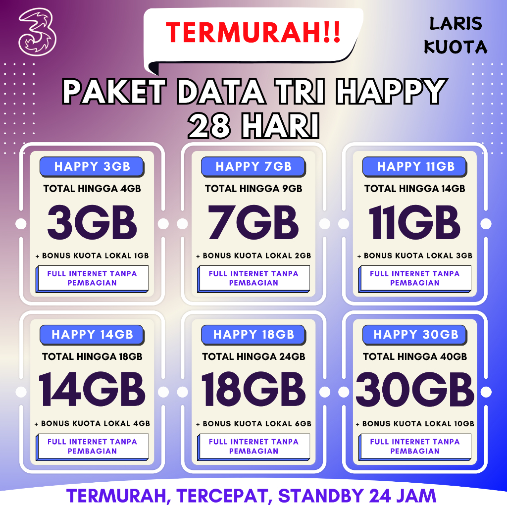 Jual Paket Data Kuota Tri Happy Bulanan 28 Hari Termurah Kualitas Terbaik | Shopee Indonesia