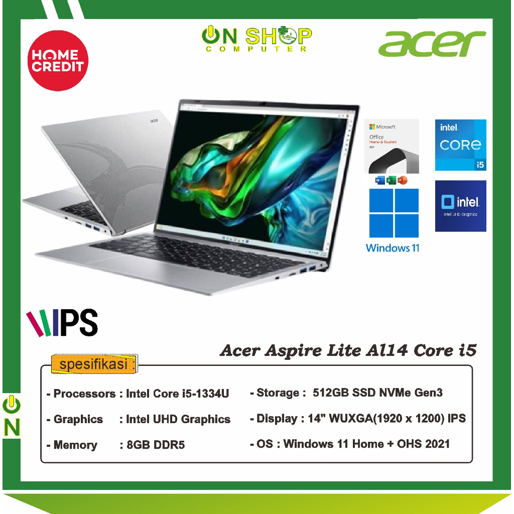 Jual Acer Aspire Lite AL14 Intel Core i5 1334U 8GB 512GB W11 OHS Pure ...