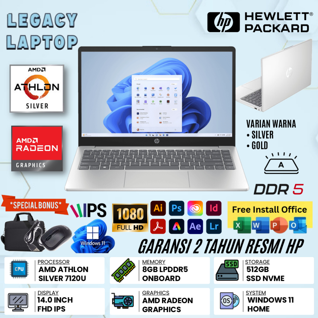 Jual Laptop Murah HP 14 Amd Athlon 7120U RAM 8GB DDR5 512GB SSD FHD ...