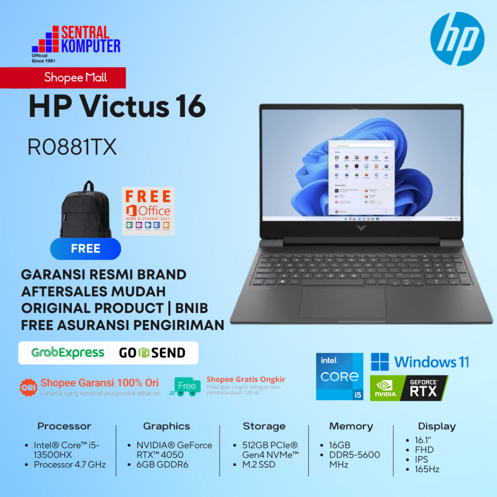 Jual Laptop HP VICTUS 16 R0881TX Core i5 13500HX RTX4050 6GB/ 16GB ...
