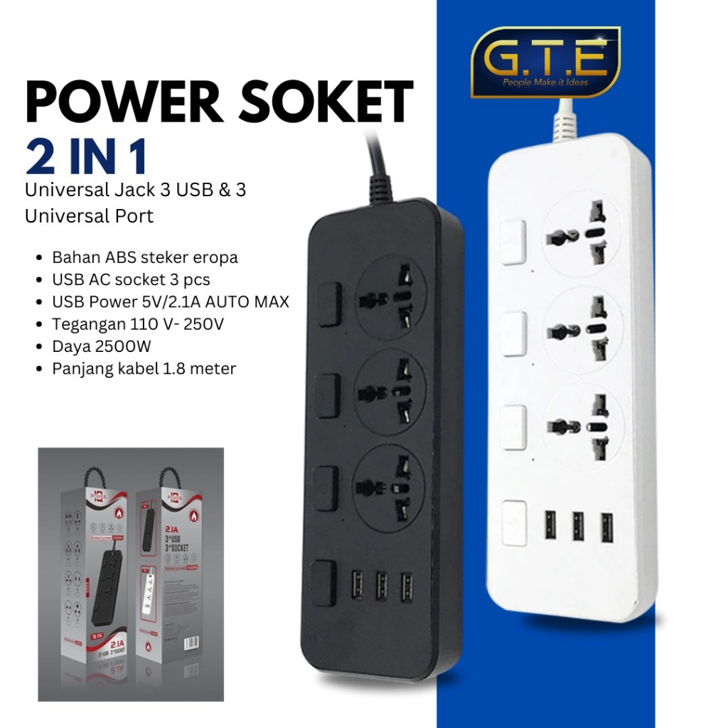 Jual GTE | Stop Kontak / Power Strip 2.1A Fast Charging 3 USB Extension Socket Plug 3 Outlets ...