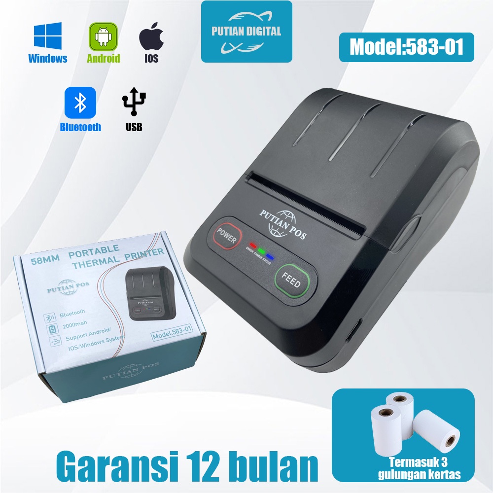 Jual PUTIAN POS Portable Mini Printer 583-01 58MM Bluetooth Thermal Receipt Printer (Battery ...