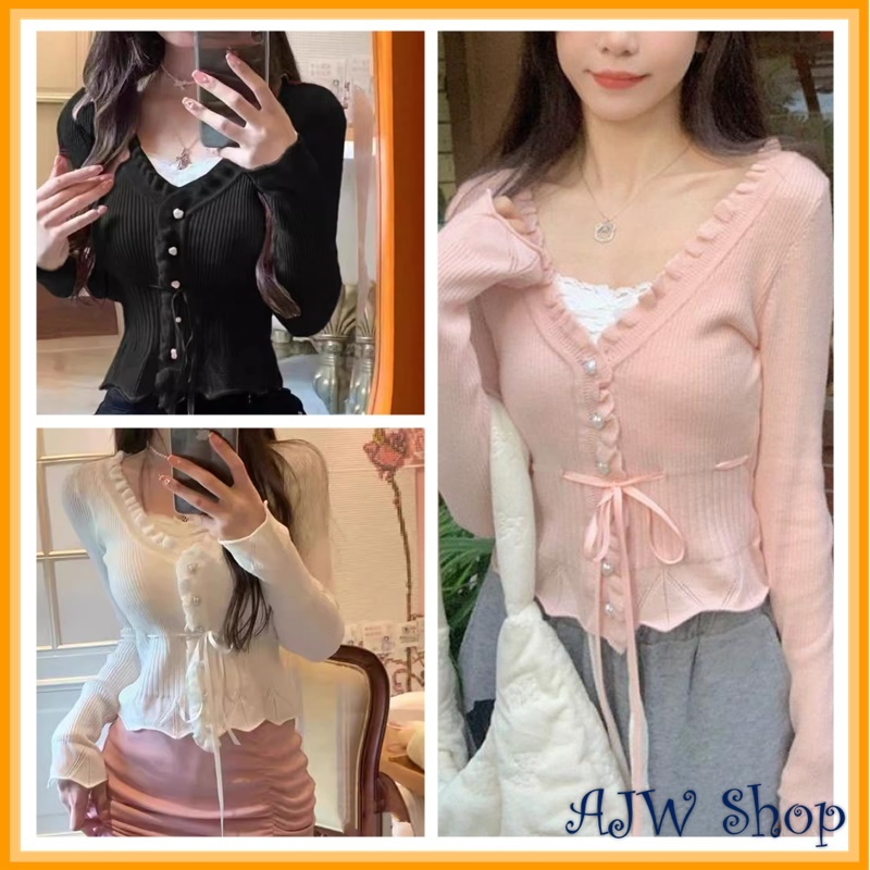 Jual AJW Atasan Wanita Lace Knit Top Gelombang Button Gold Knit Premium Kekinian RCF | Atasan ...