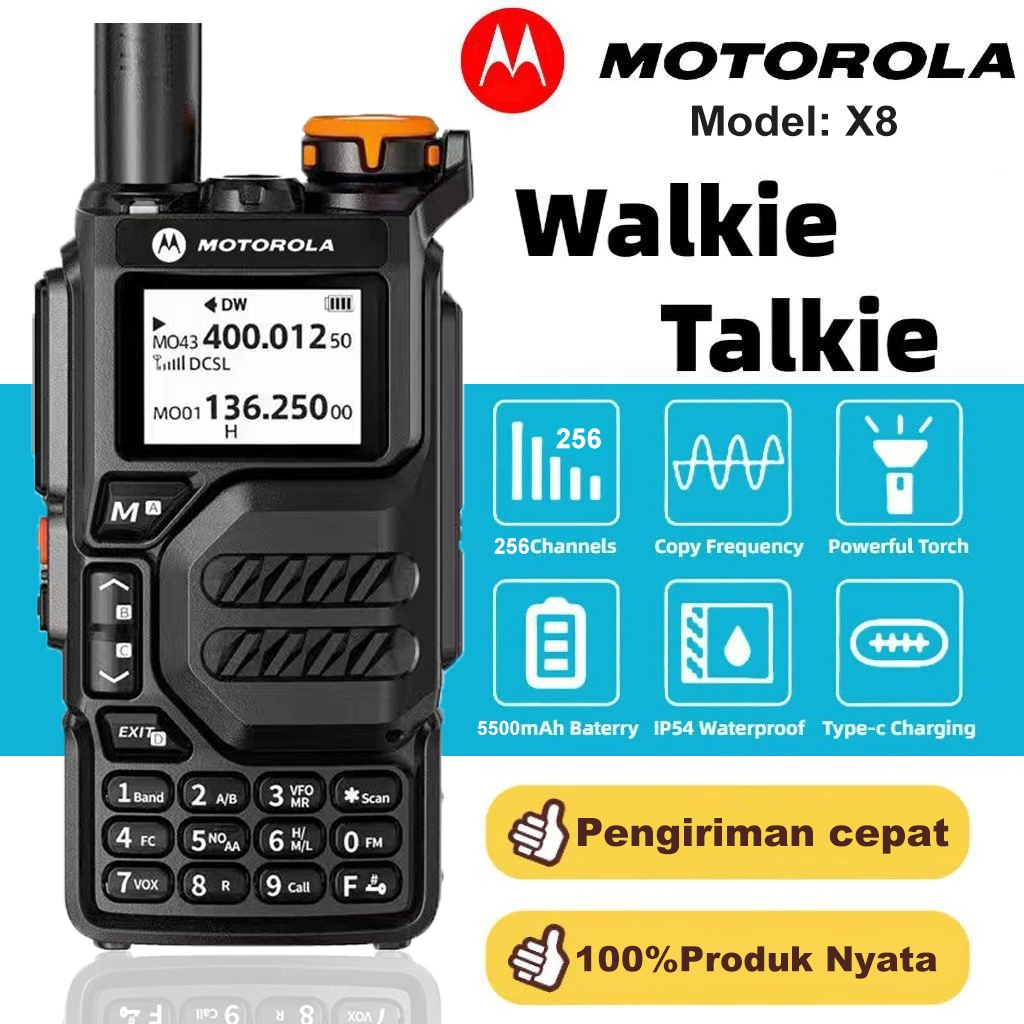 Jual HT Motorola Walkie Talkie 10W X8 FM Radio Type-C charging 5500MAH Battery VHF/UHF Tahan Air ...