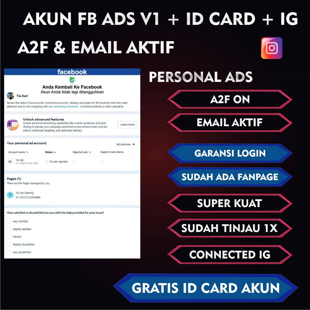 Jual FB Ads Personal + Akun Tua + ID CARD + Banding 1X + IG + Sudah ...
