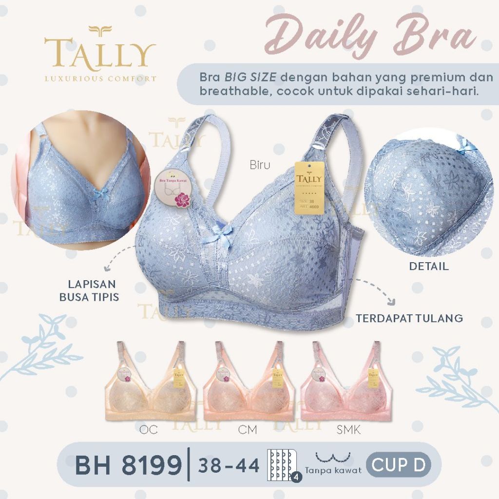 Jual Bra BH TALLY 8199 Tanpa Kawat Tanpa Busa Kait 4 (Cup D) | Shopee Indonesia