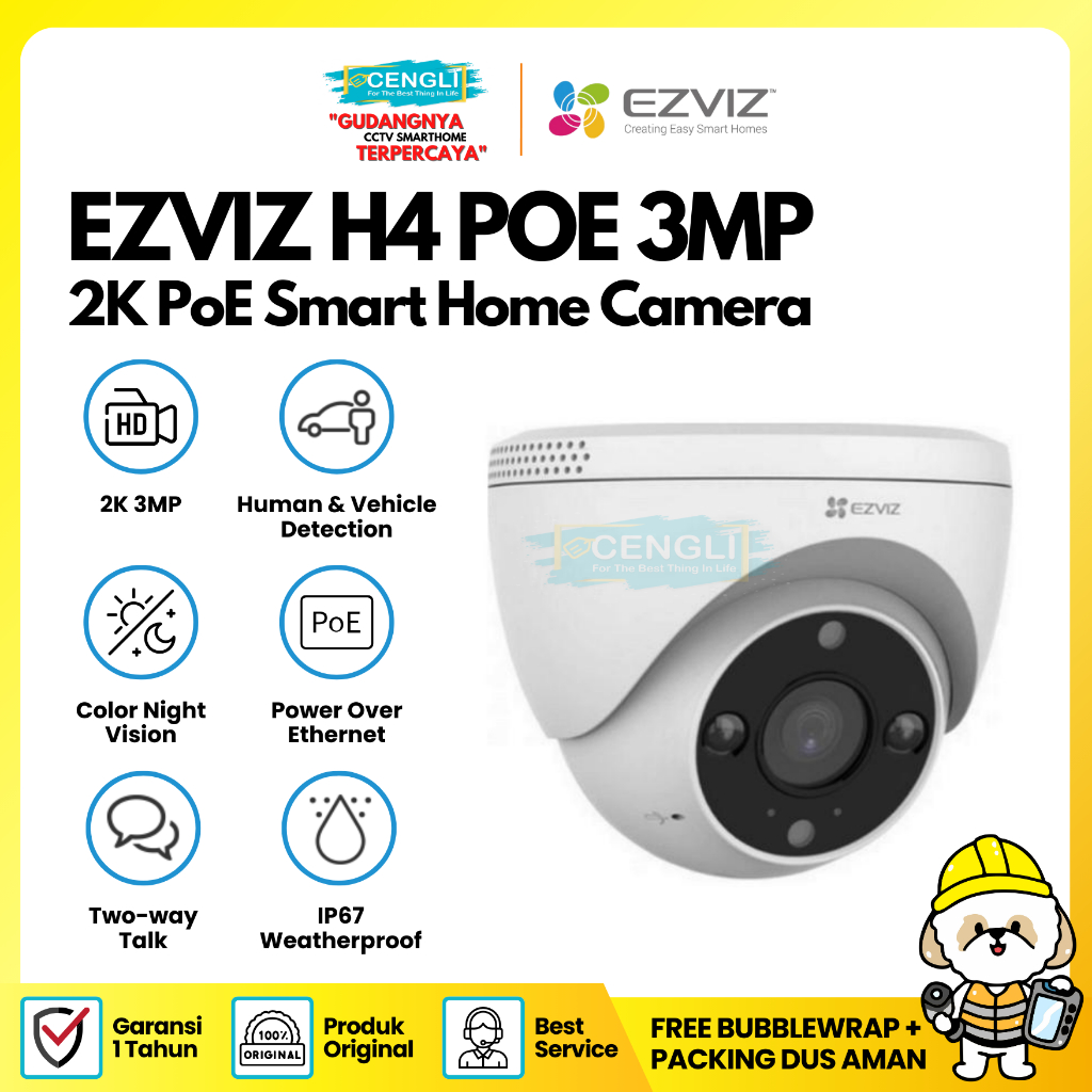 Jual IP Camera Indoor Ezviz H4 POE 2K 3MP Dome Smart Home Camera Night ...