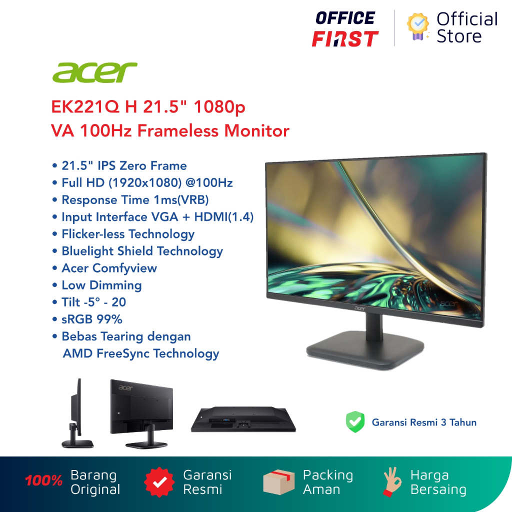 Jual Acer EK221Q H 21.5" 1080p VA 100Hz Frameless Monitor / 21 In Inch ...