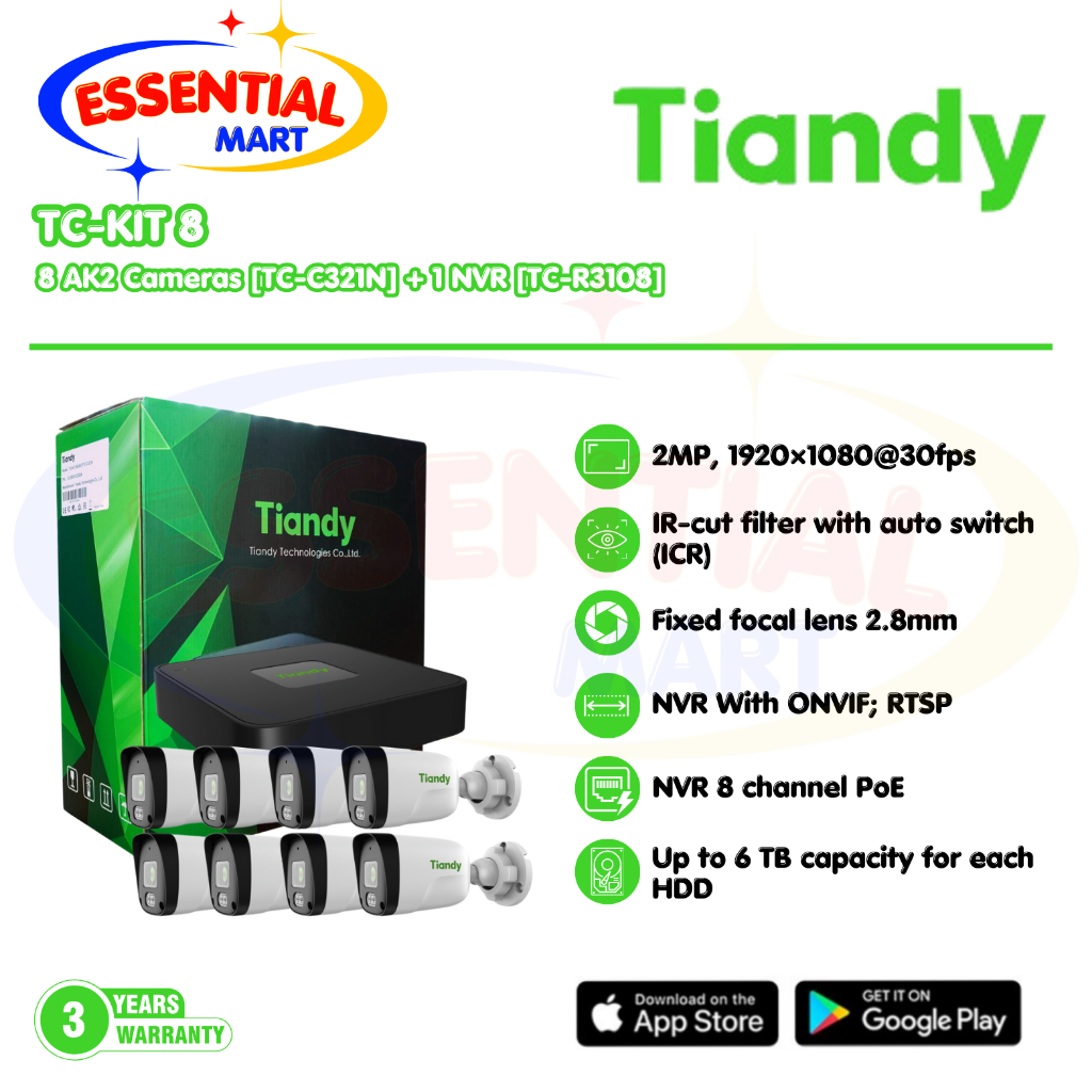 Jual Tiandy TC-KIT 8CH AK 2MP IP Camera POE Paket 8 Kamera CCTV Outdoor ...