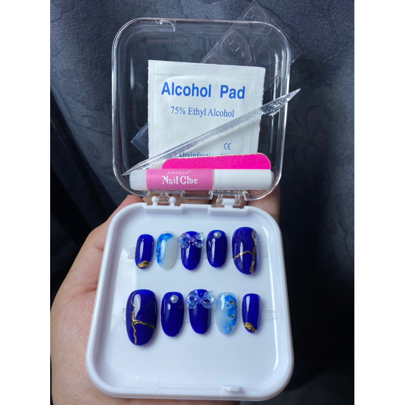 Jual press on nails navy , biru wedding daily set akrilik box (kuku ...