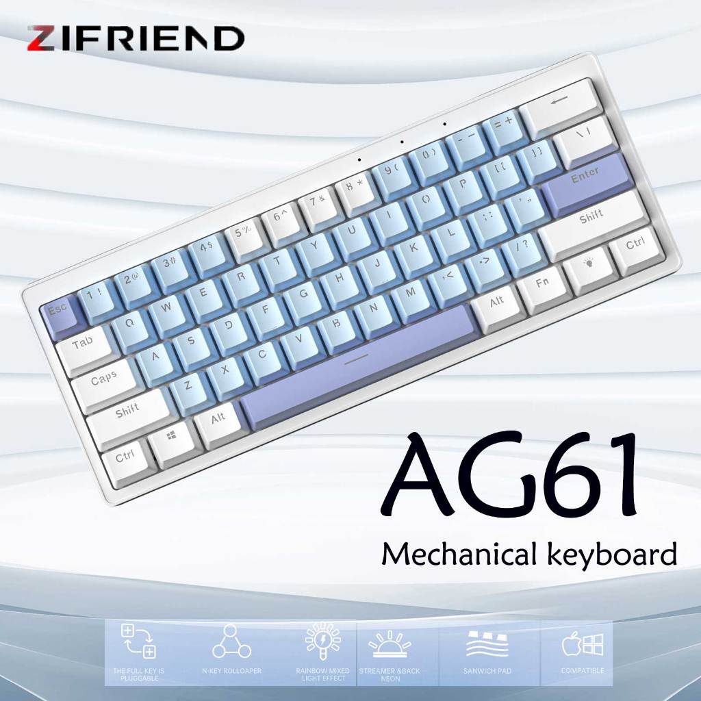 Jual Zifriend AG61 RGB backlight mechanical keyboard layout 60% type-c wired keyboard silent for ...