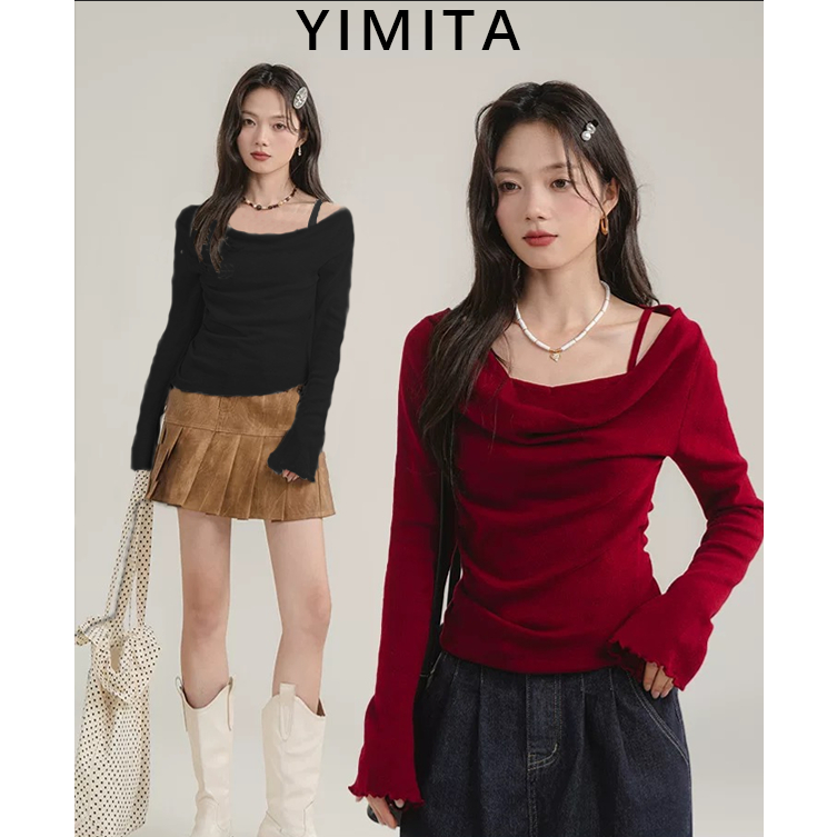 Jual YIMITA baju atasan red kemeja crop top lengan panjang casual cute ...