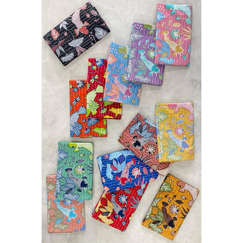 Jual kain batik katun halus motif ikan bunga teratai set doby polos ...