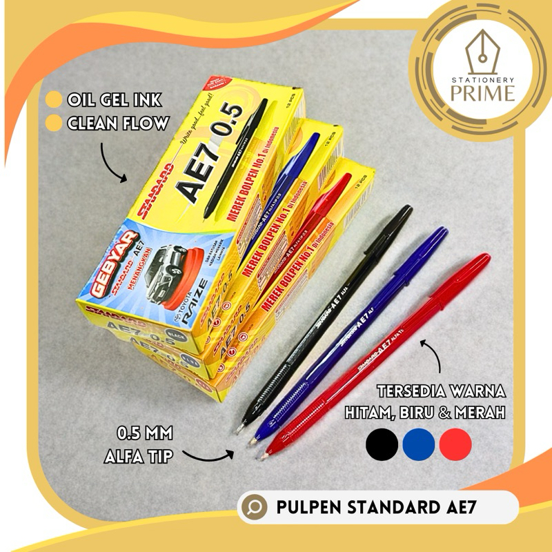 Jual Pulpen / Pena Standard AE7 Hitam Merah Biru (1 lusin isi 12 pcs ...