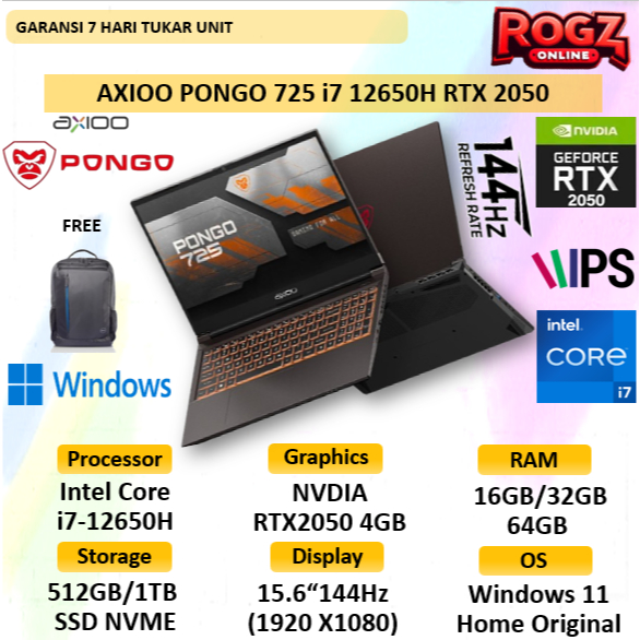 Jual Gaming Axioo Pongo 725 Core I7 12650H RTX 2050 32GB 1TB SSD W 11 ...