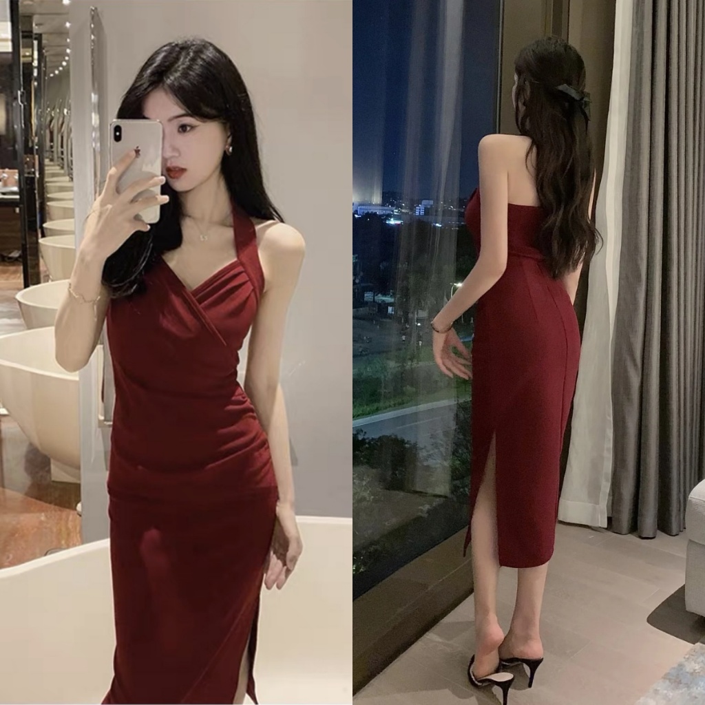 Jual dress merah gelap korean style formal Elegant backless bodycon ...