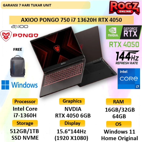 Jual Gaming Axioo Pongo 750 RTX 4050 I7 13620H 64GB 1TB SSD W 11 15.6 ...