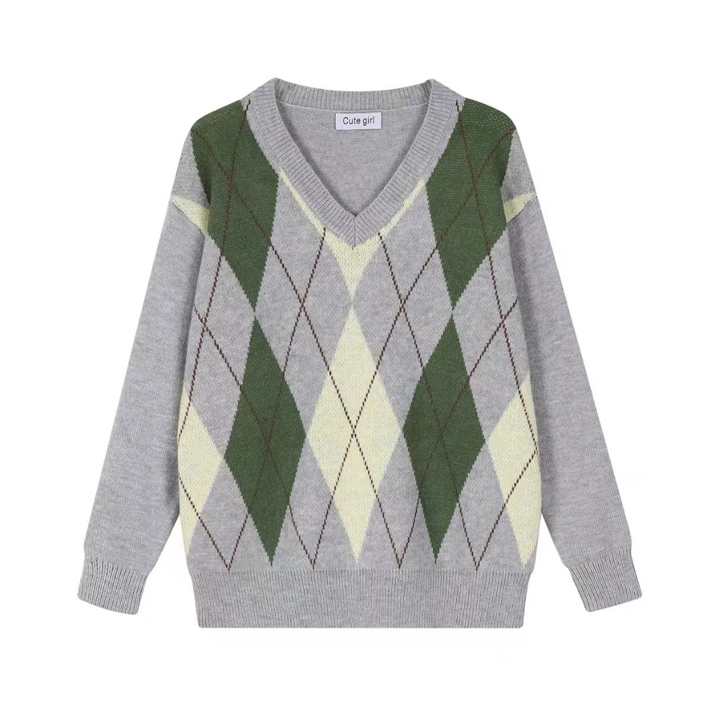 Jual v-neck kotak-kotak retro Korea sweater wanita 2025 baru musim ...