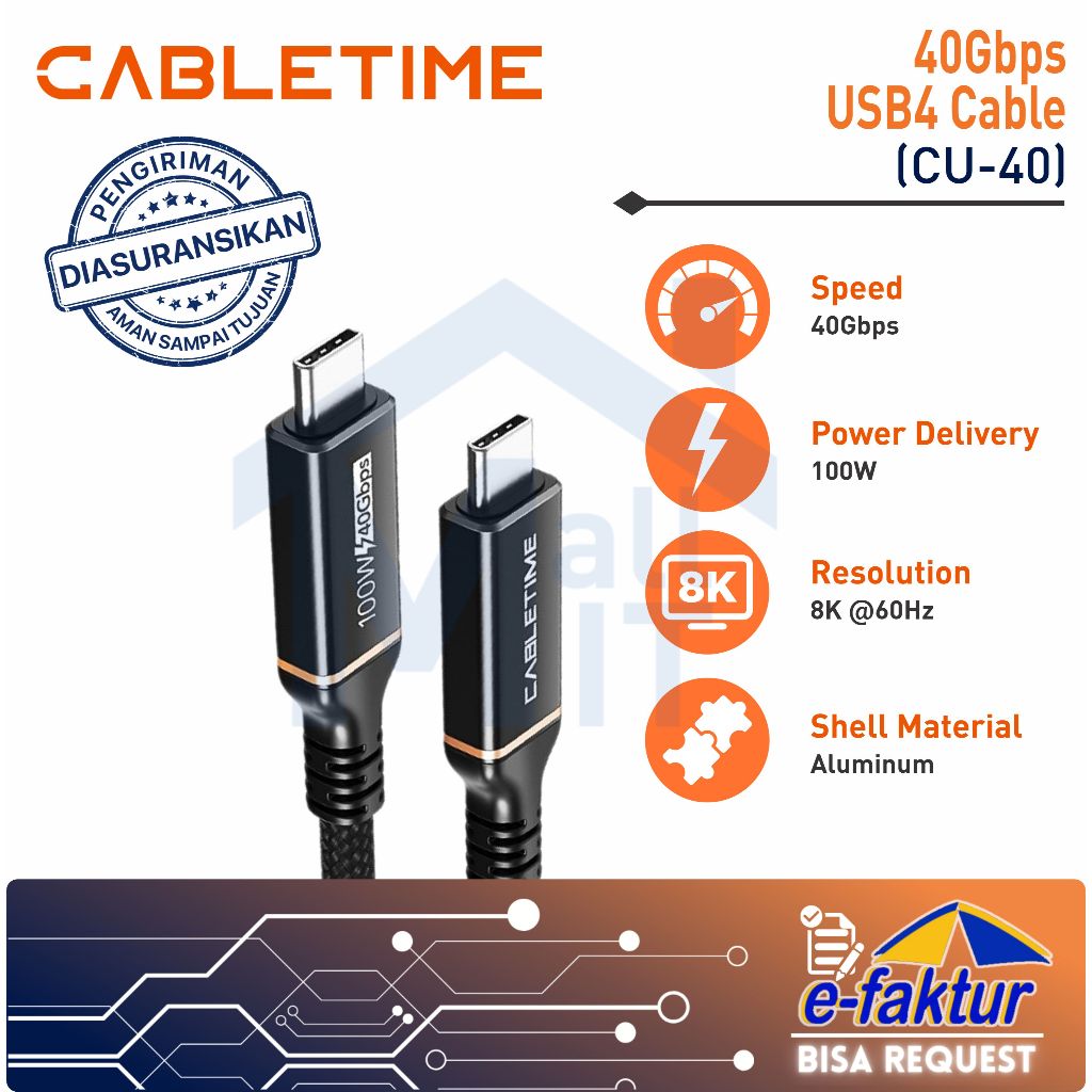 Jual MALLIT CABLETIME Kabel Data USB C Thunder Bolt 8K PD 100W 240W 40Gbps High Speed Data ...