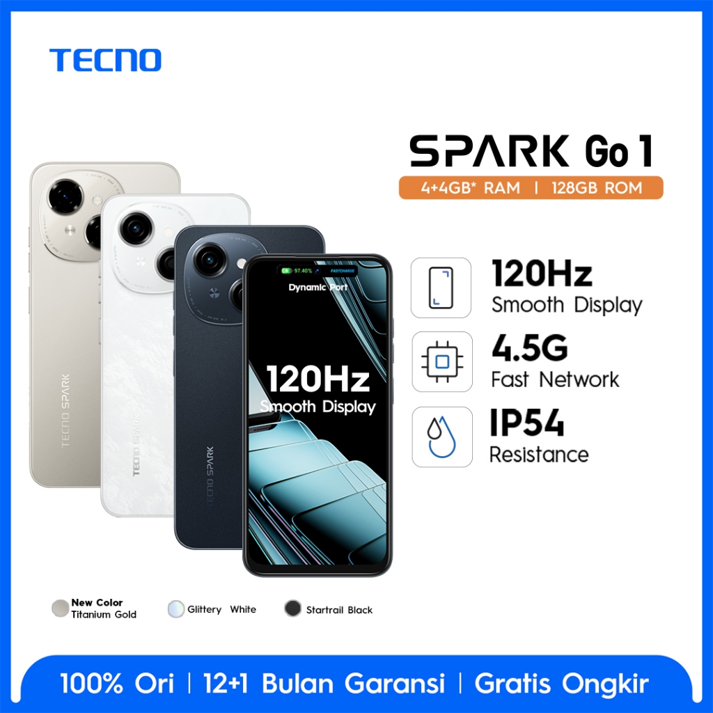 Jual TECNO SPARK GO1 4GB+4GB*+128,120Hz Display, T615+4.5G Network,5000mAh+15W,IP54,Android 14 ...