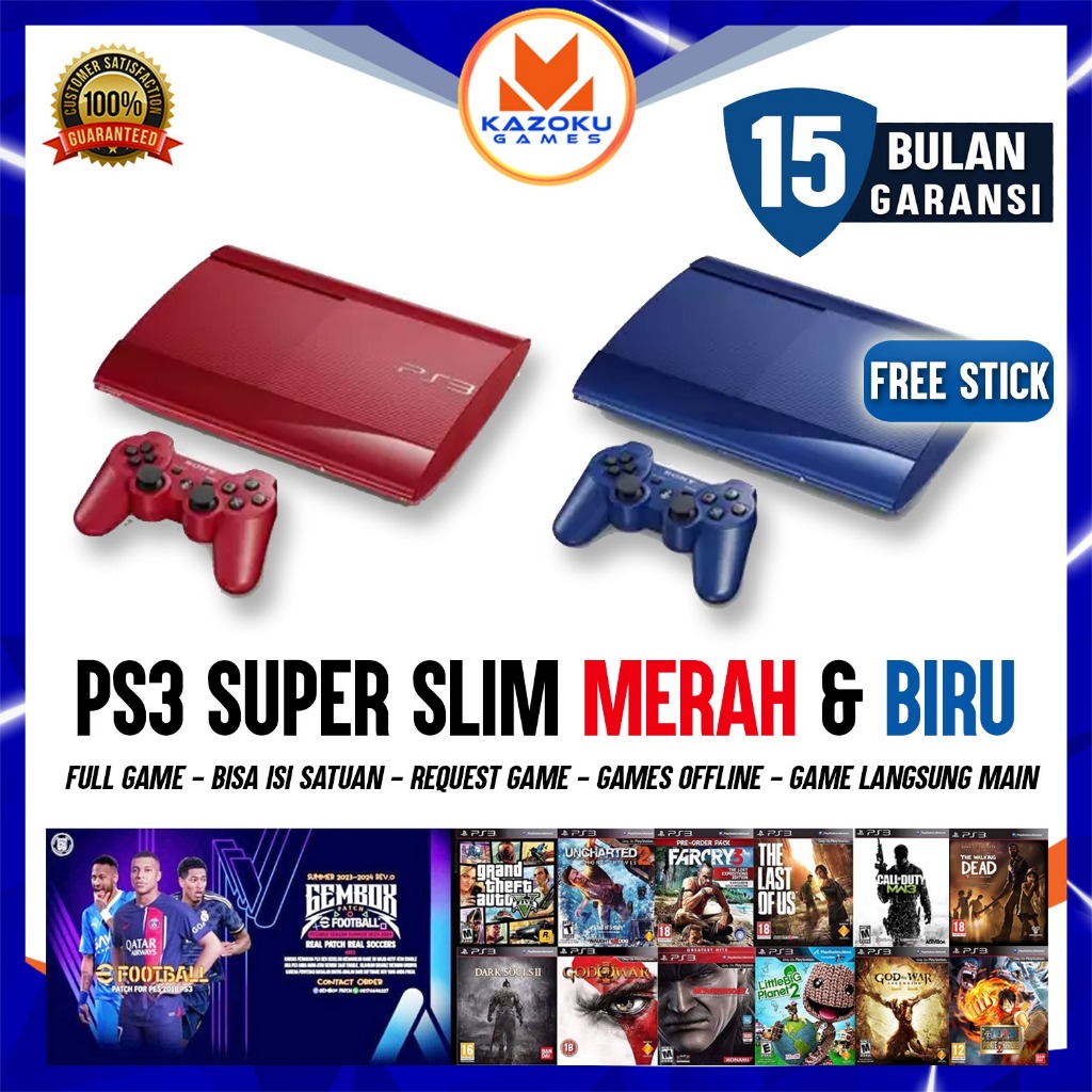 Jual Playstation 3 Sony Super Slim Biru merah 160GB-500GB 1 STIK FULL GAME grade B | Shopee ...
