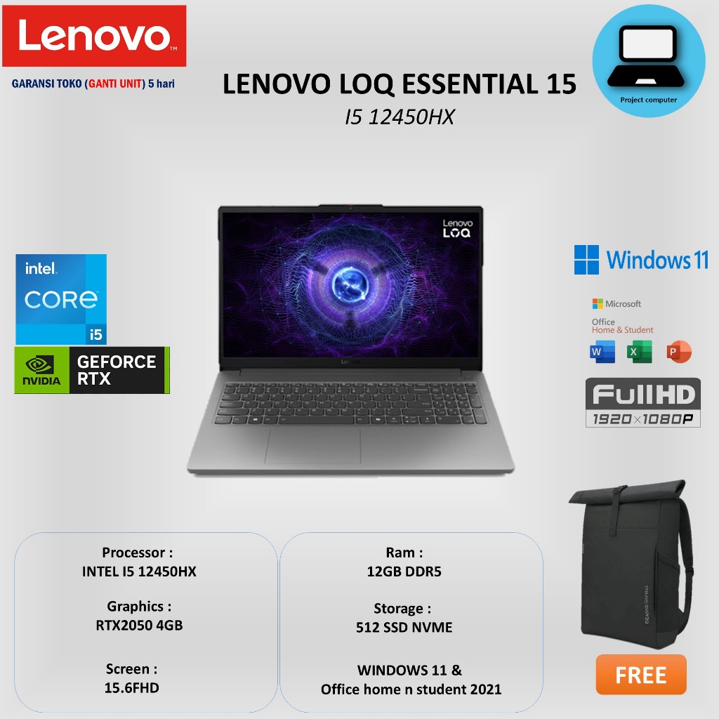Jual LENOVO LOQ ESSENTIAL 15 I5 12450HX RTX2050 4GB/ 12GB 512GB W11+OHS ...