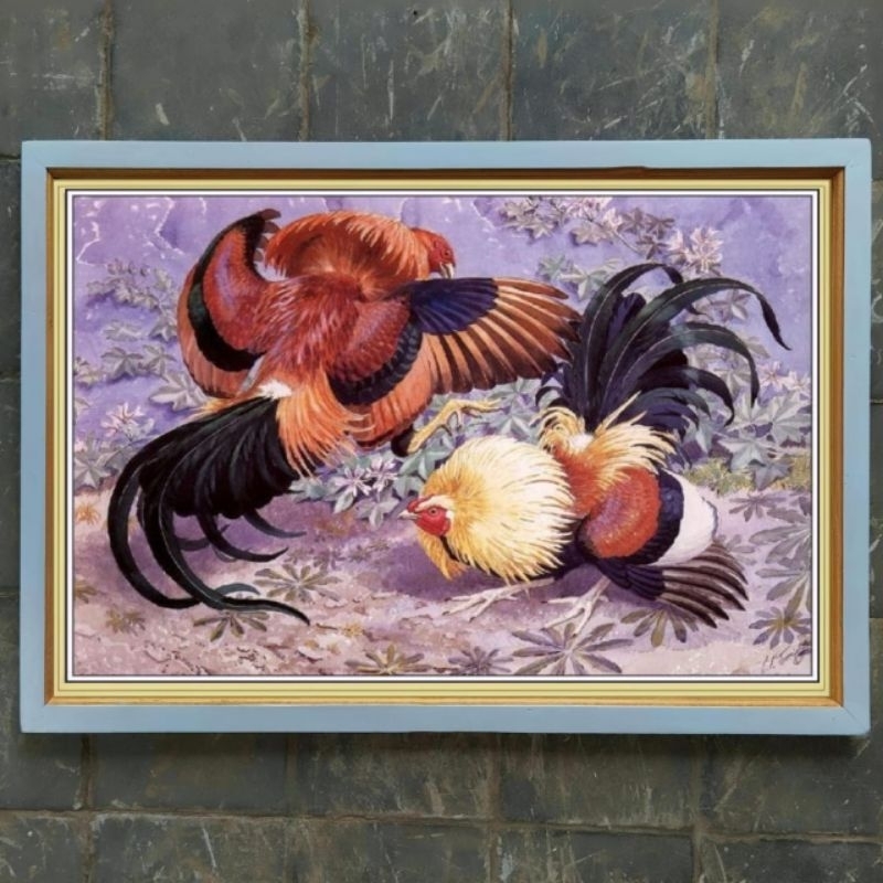 Jual hiasan dinding lukisan cetak ayam jago tarung plus figura ukuran ...