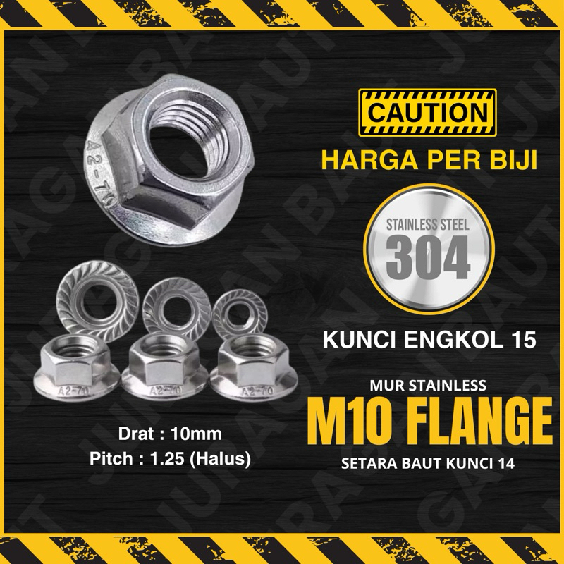 Jual MUR FLANGE STAINLESS M10 X 1.25 ( DRAT HALUS ) || SETARA UNTUK BAUT KUNCI 14 BIASA || MUR ...