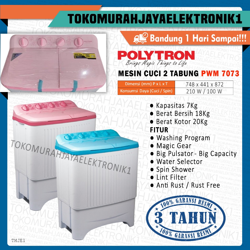 Jual Mesin Cuci 2 tabung Polytron 7Kg PWM 7366/7073 Garansi Resmi ...