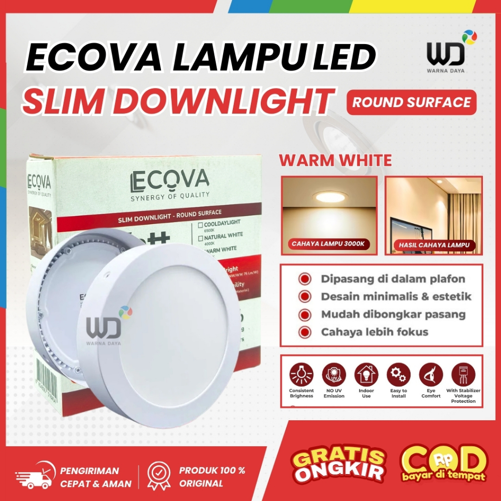 Jual LAMPU LED ECOVA SLIM DOWNLIGHT OUTBOW BULAT TERANG HEMAT & TAHAN LAMA 6W / 12W/ 18W WARM ...