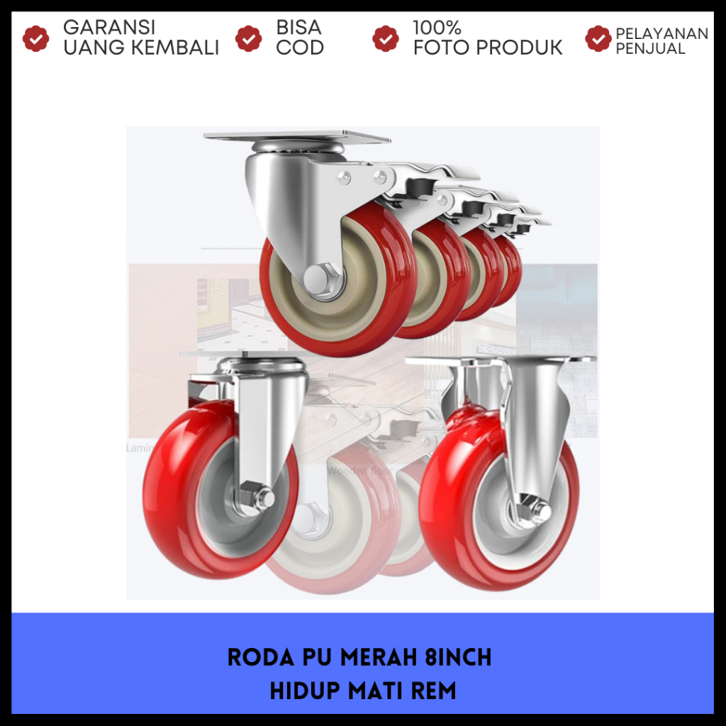 Jual RODA PU TROLY MERAH CASTER SWIVEL HEAVY DUTY 8INCH 500KG REM HIDUP ...