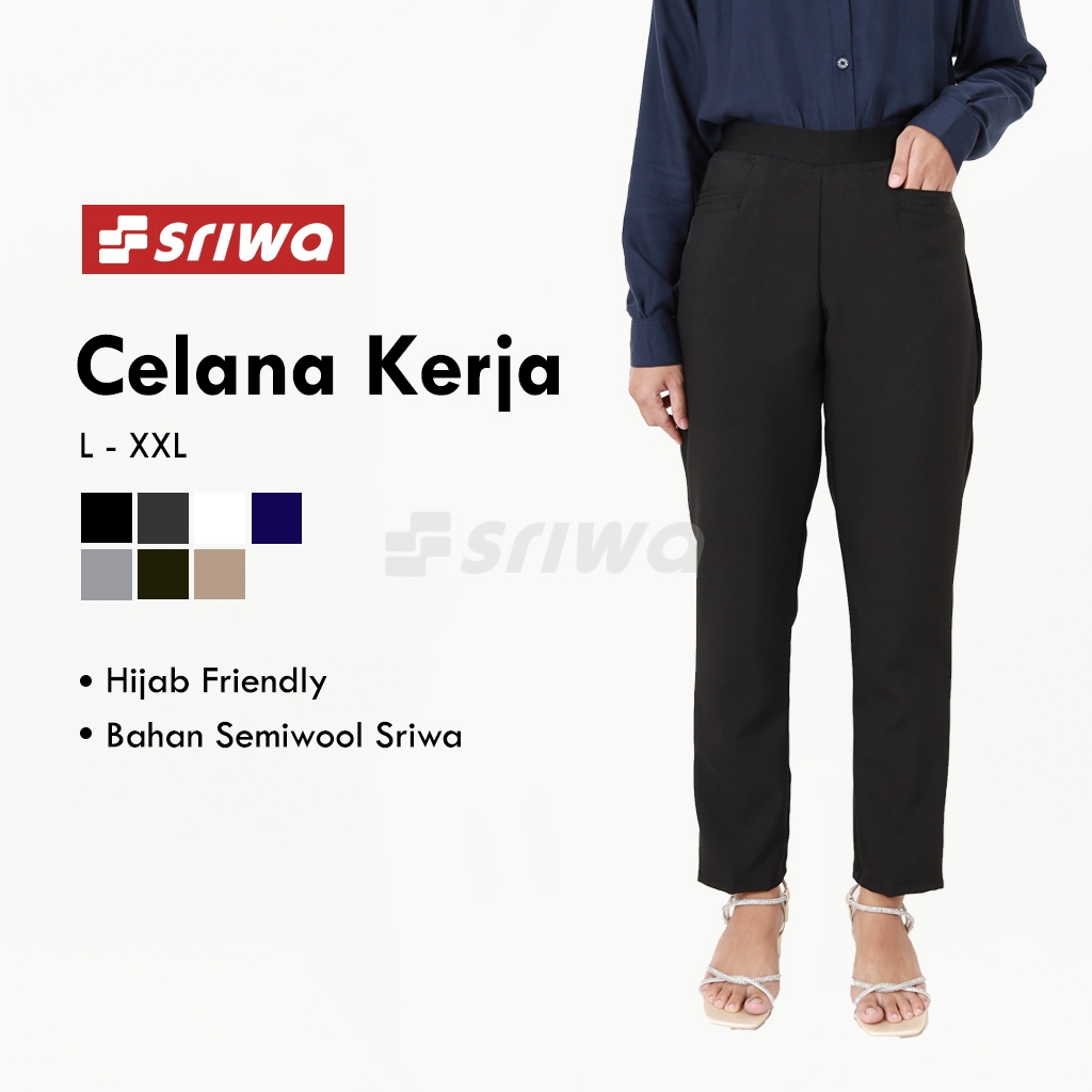 Jual SRIWA Celana Kerja Wanita Kantor Pinggang Karet High Waist Bahan Katun CP09 | Shopee Indonesia