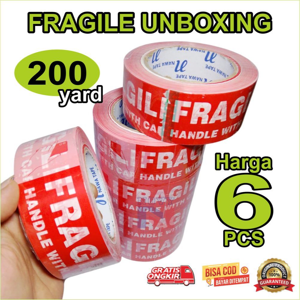 Jual LAKBAN FRAGILE UNBOXING PANJANG 200YARD HARGA UNTUK 6 PCS / 1 SLOP ...