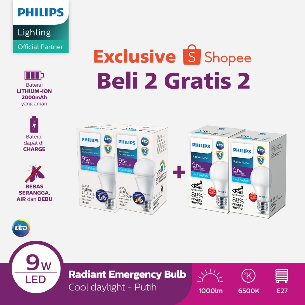 Jual Philips Paket Beli 2 Lampu Emergency Radiantline Rechargeable 9W 6500k Putih Gratis 2 Lampu ...