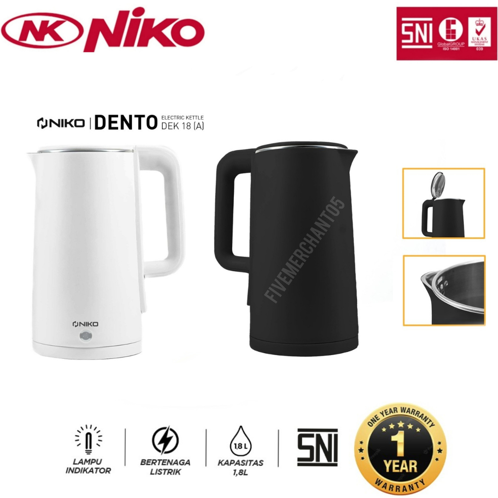 Jual Teko Listrik Niko DEK 18 Dento 1,8 Liter Low Watt White Black Kettle Otomatis Hitam Putih ...