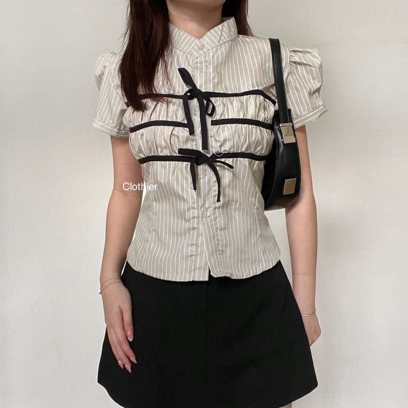 Jual CLOTHIER | Juliette Ribbon Fitted Top / Shirt / Blouse - atasan coquette pita garis puffy ...