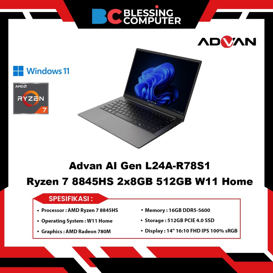 Jual Advan AI Gen L24A R78S1 Ryzen 7 8845HS 2x8GB 512GB W11 Home Black ...
